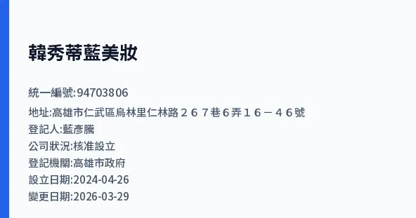 韓秀蒂藍美妝的照片-統編 94703806(高雄市) 公司登記資料與營業項目詳細圖表