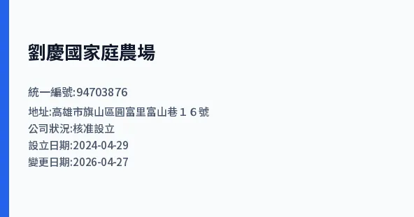 劉慶國家庭農場的照片-統編 94703876(高雄市) 公司登記資料與營業項目詳細圖表
