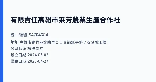 有限責任高雄市采芳農業生產合作社的照片-統編 94704684(高雄市) 公司登記資料與營業項目詳細圖表