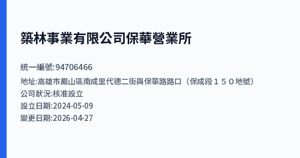築林事業有限公司保華營業所的照片-統編 94706466(高雄市) 公司登記資料與營業項目詳細圖表