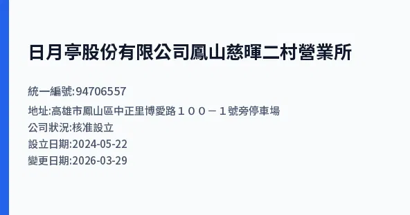日月亭股份有限公司鳳山慈暉二村營業所的照片-統編 94706557(高雄市) 公司登記資料與營業項目詳細圖表