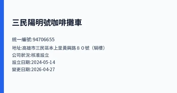三民陽明號咖啡攤車的照片-統編 94706655(高雄市) 公司登記資料與營業項目詳細圖表