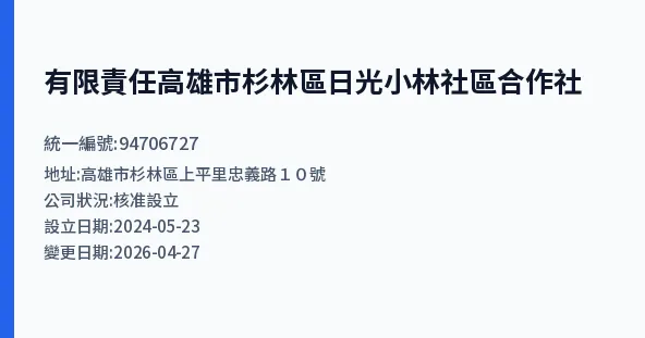 有限責任高雄市杉林區日光小林社區合作社的照片-統編 94706727(高雄市) 公司登記資料與營業項目詳細圖表