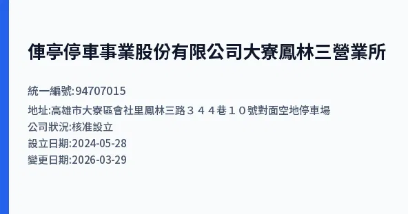 俥亭停車事業股份有限公司大寮鳳林三營業所的照片-統編 94707015(高雄市) 公司登記資料與營業項目詳細圖表