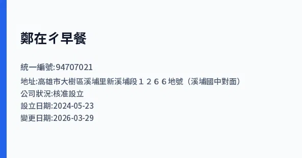 鄭在ㄔ早餐的照片-統編 94707021(高雄市) 公司登記資料與營業項目詳細圖表