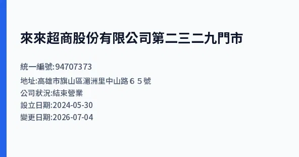 來來超商股份有限公司第二三二九門市的照片-統編 94707373(高雄市) 公司登記資料與營業項目詳細圖表