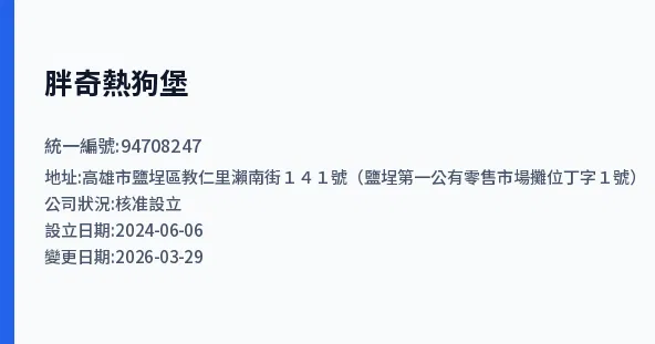 胖奇熱狗堡的照片-統編 94708247(高雄市) 公司登記資料與營業項目詳細圖表