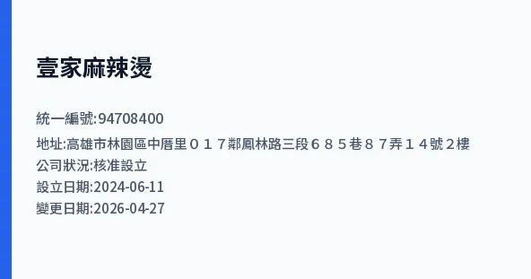 壹家麻辣燙的照片-統編 94708400(高雄市) 公司登記資料與營業項目詳細圖表