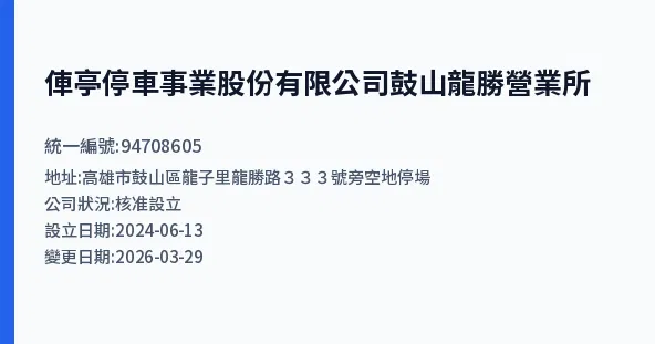 俥亭停車事業股份有限公司鼓山龍勝營業所的照片-統編 94708605(高雄市) 公司登記資料與營業項目詳細圖表