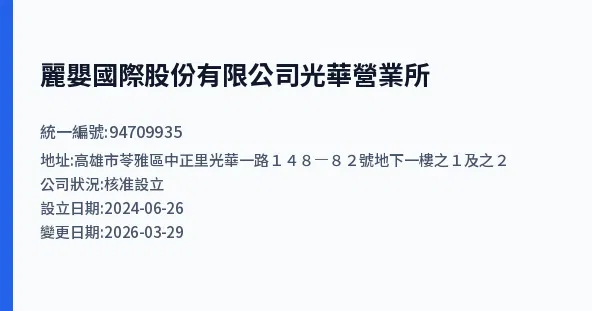 麗嬰國際股份有限公司光華營業所的照片-統編 94709935(高雄市) 公司登記資料與營業項目詳細圖表