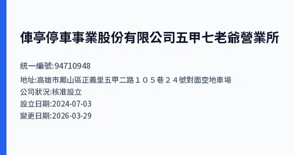 俥亭停車事業股份有限公司五甲七老爺營業所的照片-統編 94710948(高雄市) 公司登記資料與營業項目詳細圖表