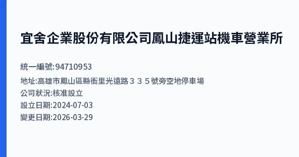 宜舍企業股份有限公司鳳山捷運站機車營業所的照片-統編 94710953(高雄市) 公司登記資料與營業項目詳細圖表
