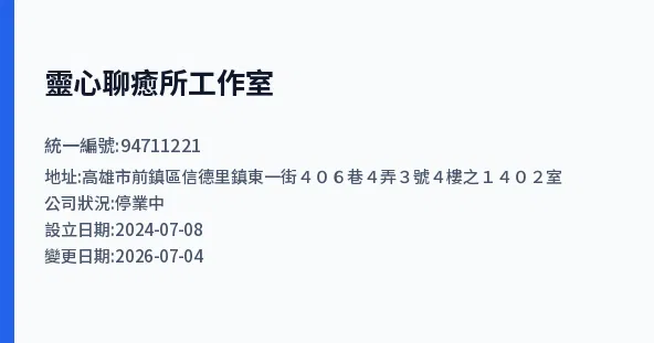 靈心聊癒所工作室的照片-統編 94711221(高雄市) 公司登記資料與營業項目詳細圖表