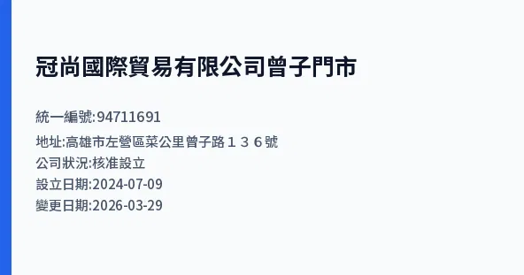 冠尚國際貿易有限公司曾子門市的照片-統編 94711691(高雄市) 公司登記資料與營業項目詳細圖表