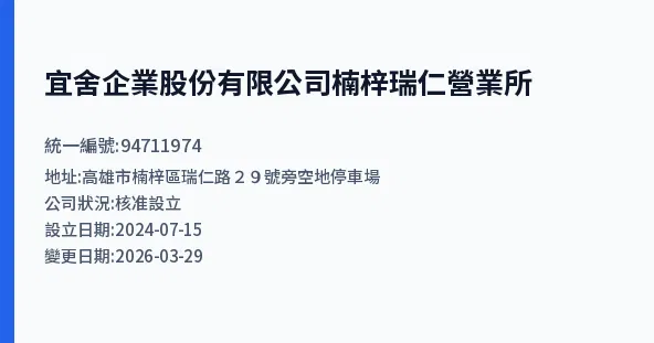 宜舍企業股份有限公司楠梓瑞仁營業所的照片-統編 94711974(高雄市) 公司登記資料與營業項目詳細圖表