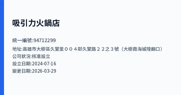 吸引力火鍋店的照片-統編 94712299(高雄市) 公司登記資料與營業項目詳細圖表