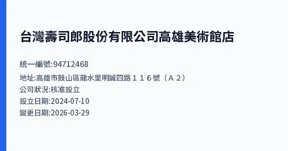 台灣壽司郎股份有限公司高雄美術館店的照片-統編 94712468(高雄市) 公司登記資料與營業項目詳細圖表