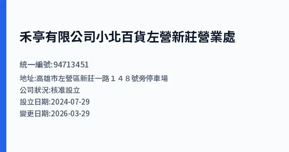 禾亭有限公司小北百貨左營新莊營業處的照片-統編 94713451(高雄市) 公司登記資料與營業項目詳細圖表