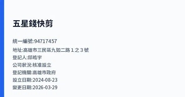 五星錢快剪的照片-統編 94717457(高雄市) 公司登記資料與營業項目詳細圖表