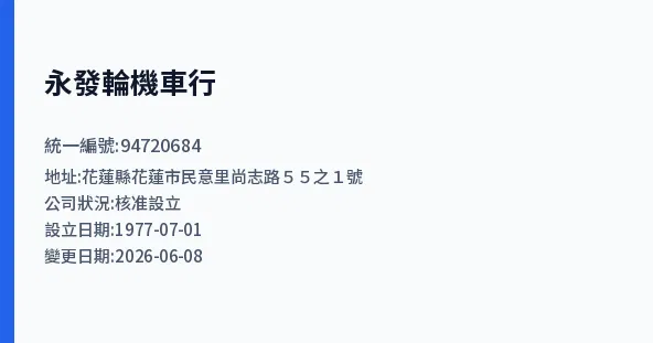 永發輪機車行的照片-統編 94720684(花蓮縣) 公司登記資料與營業項目詳細圖表