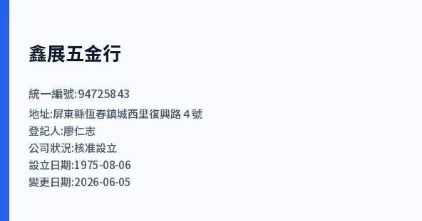 鑫展五金行的照片-統編 94725843(屏東縣) 公司登記資料與營業項目詳細圖表