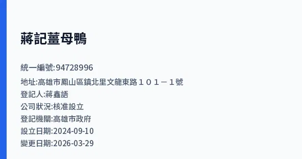 蔣記薑母鴨的照片-統編 94728996(高雄市) 公司登記資料與營業項目詳細圖表