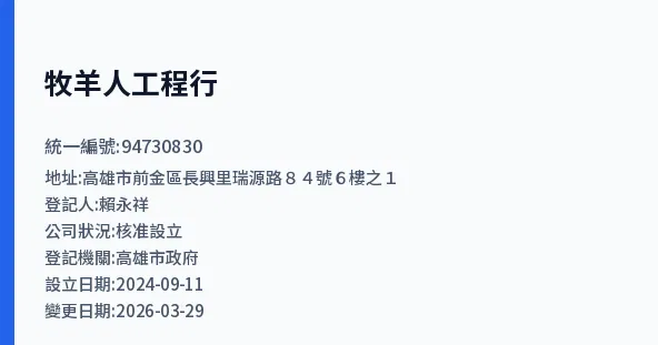 牧羊人工程行的照片-統編 94730830(高雄市) 公司登記資料與營業項目詳細圖表