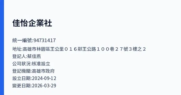 佳怡企業社的照片-統編 94731417(高雄市) 公司登記資料與營業項目詳細圖表
