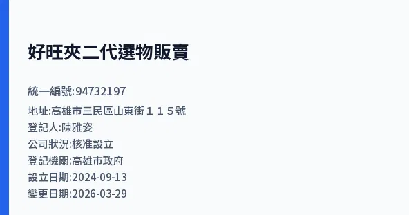 好旺夾二代選物販賣的照片-統編 94732197(高雄市) 公司登記資料與營業項目詳細圖表