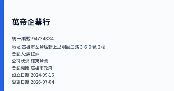 萬帝企業行的照片-統編 94734884(高雄市) 公司登記資料與營業項目詳細圖表