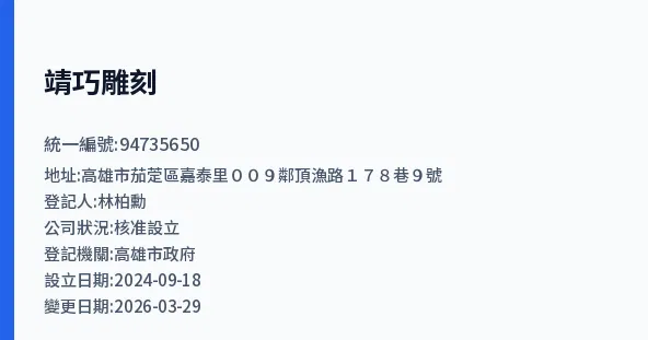 靖巧雕刻的照片-統編 94735650(高雄市) 公司登記資料與營業項目詳細圖表