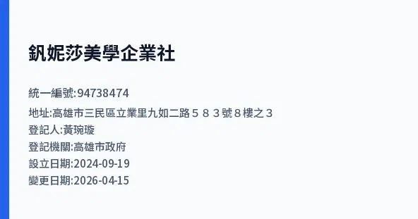 釩妮莎美學企業社的照片-統編 94738474(高雄市) 公司登記資料與營業項目詳細圖表