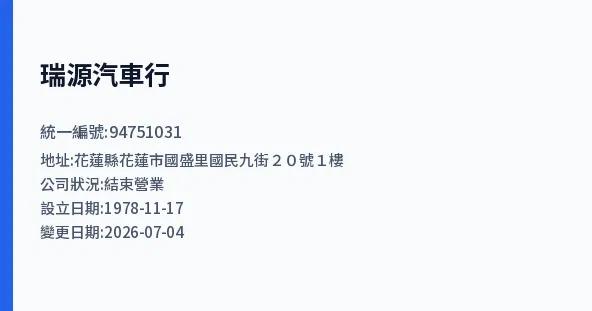 瑞源汽車行的照片-統編 94751031(花蓮縣) 公司登記資料與營業項目詳細圖表