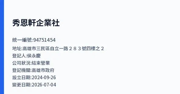 秀恩軒企業社的照片-統編 94751454(高雄市) 公司登記資料與營業項目詳細圖表