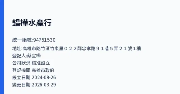 錩樺水產行的照片-統編 94751530(高雄市) 公司登記資料與營業項目詳細圖表