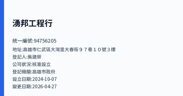 湧邦工程行的照片-統編 94756205(高雄市) 公司登記資料與營業項目詳細圖表
