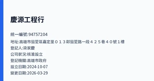 慶源工程行的照片-統編 94757204(高雄市) 公司登記資料與營業項目詳細圖表