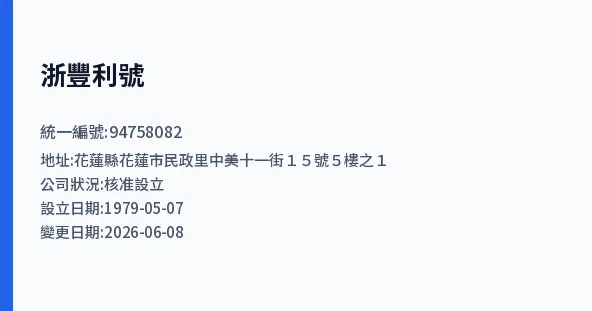 浙豐利號的照片-統編 94758082(花蓮縣) 公司登記資料與營業項目詳細圖表