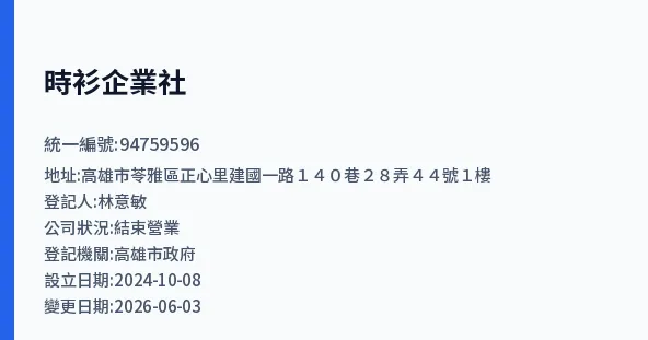 時衫企業社的照片-統編 94759596(高雄市) 公司登記資料與營業項目詳細圖表