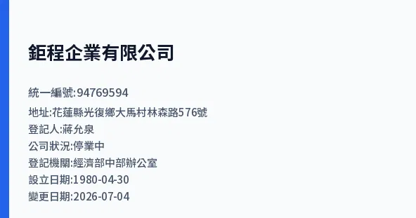 鉅程企業有限公司的照片-統編 94769594(花蓮縣) 公司登記資料與營業項目詳細圖表