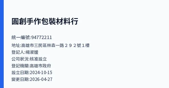 圓創手作包裝材料行的照片-統編 94772211(高雄市) 公司登記資料與營業項目詳細圖表