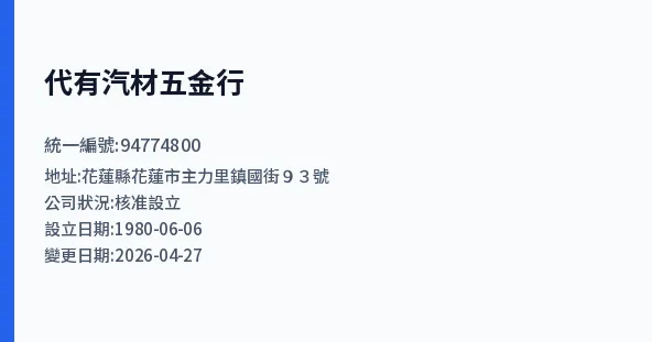 代有汽材五金行的照片-統編 94774800(花蓮縣) 公司登記資料與營業項目詳細圖表