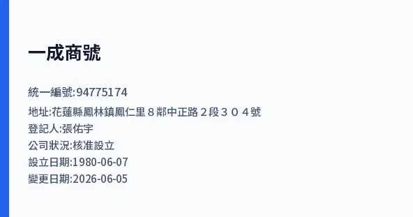 一成商號的照片-統編 94775174(花蓮縣) 公司登記資料與營業項目詳細圖表