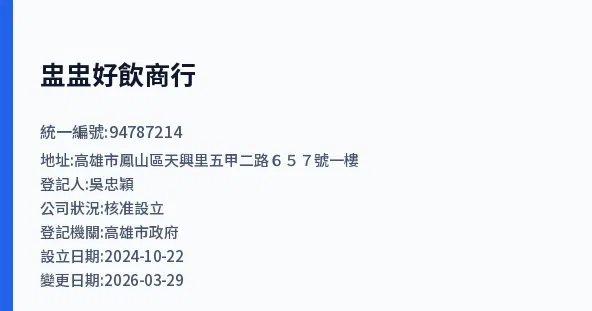 盅盅好飲商行的照片-統編 94787214(高雄市) 公司登記資料與營業項目詳細圖表