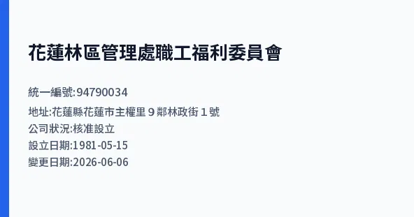 花蓮林區管理處職工福利委員會的照片-統編 94790034(花蓮縣) 公司登記資料與營業項目詳細圖表