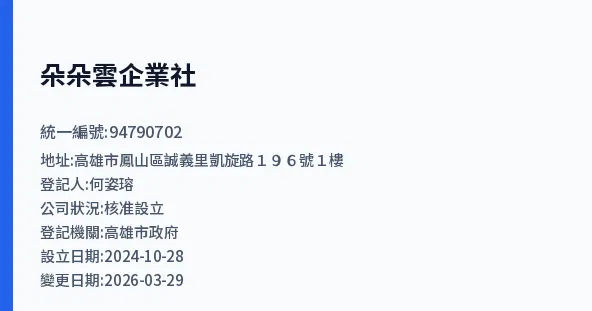 朵朵雲企業社的照片-統編 94790702(高雄市) 公司登記資料與營業項目詳細圖表
