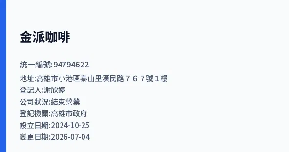 金派咖啡的照片-統編 94794622(高雄市) 公司登記資料與營業項目詳細圖表