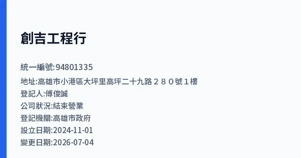 創吉工程行的照片-統編 94801335(高雄市) 公司登記資料與營業項目詳細圖表