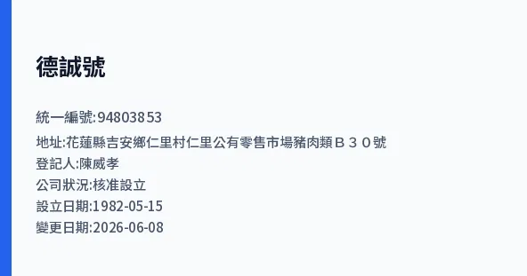 德誠號的照片-統編 94803853(花蓮縣) 公司登記資料與營業項目詳細圖表
