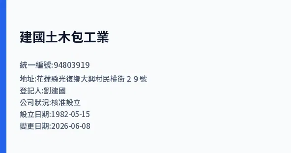 建國土木包工業的照片-統編 94803919(花蓮縣) 公司登記資料與營業項目詳細圖表
